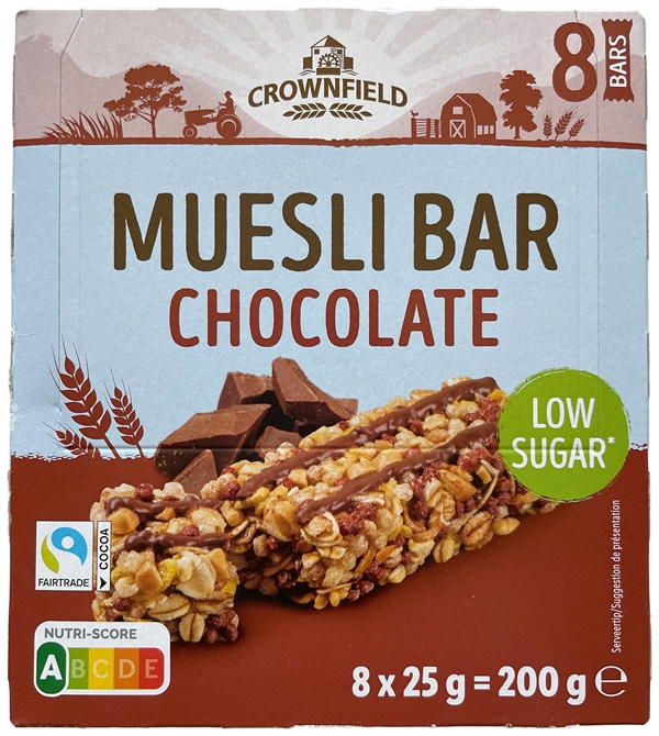CROWNFIELD (LIDL) MUESLI BAR CHOCOLATE LOW SUGAR gezondheidsscore ...
