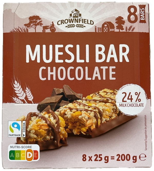 CROWNFIELD (LIDL) MUESLI BAR CHOCOLATE gezondheidsscore - Testaankoop ...